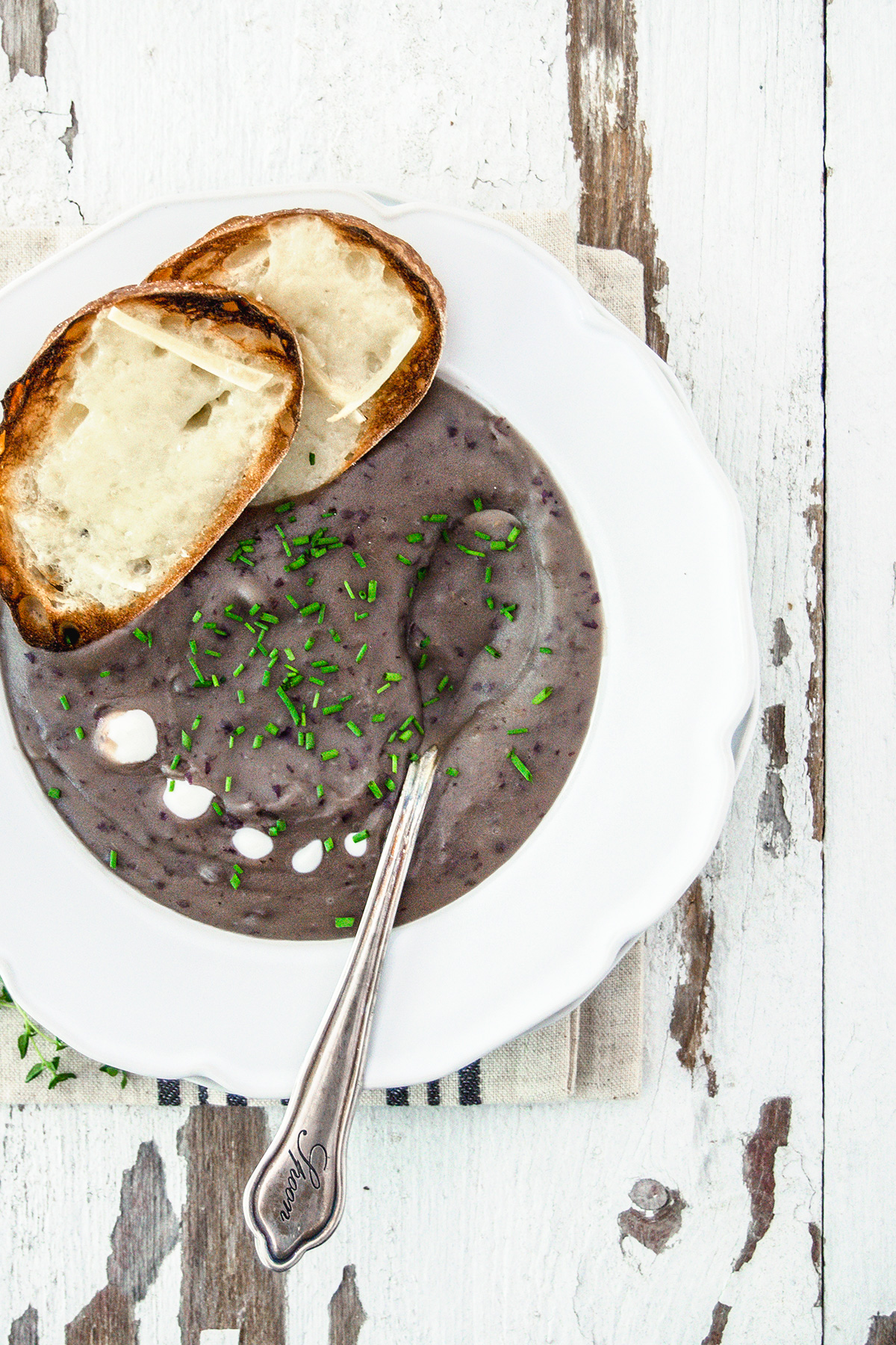 Creamy Purple Potato Soup with Cheesy Croutons - The Charming Detroiter
