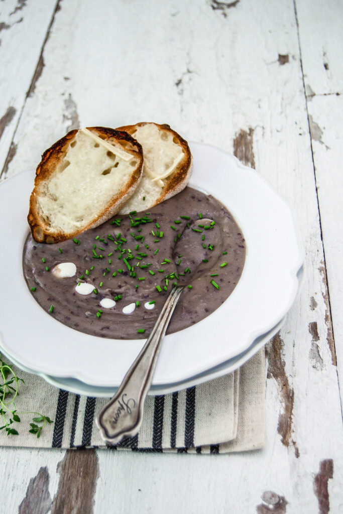 Creamy Purple Potato Soup with Cheesy Croutons - The Charming Detroiter