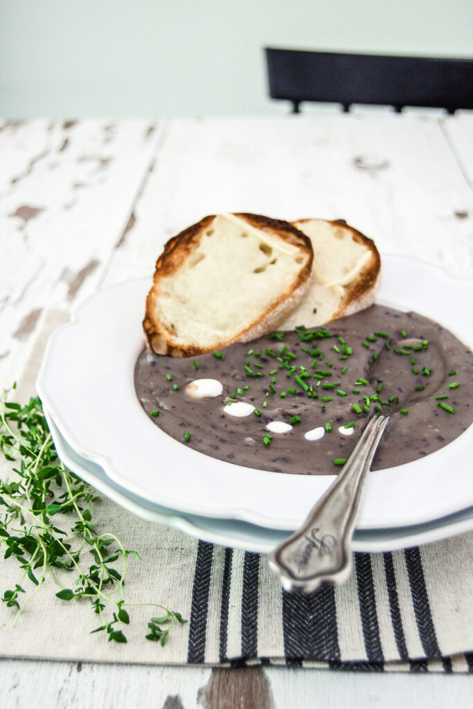 Creamy Purple Potato Soup with Cheesy Croutons - The Charming Detroiter