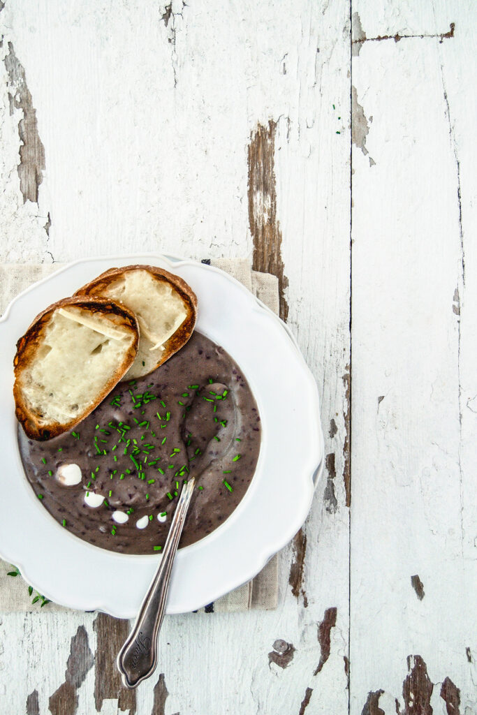 Creamy Purple Potato Soup with Cheesy Croutons - The Charming Detroiter